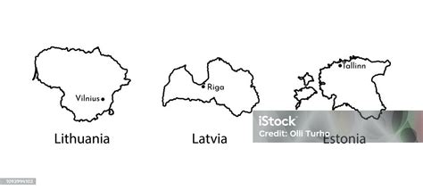발트의 블랙 라인 실루엣 지도 리투아니아 라트비아 에스토니아입니다 표시 된 수도 빌뉴스 탈린 리가입니다 0명에 대한 스톡 벡터