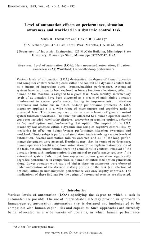 Pdf Level Of Automation EŒ Ects On Performance Situation Awareness