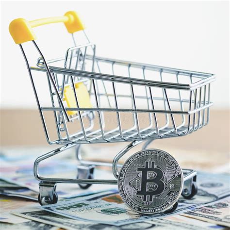 Golden Bitcoin Coin In Shopping Cart Symbol Of Crypto Currency Stock