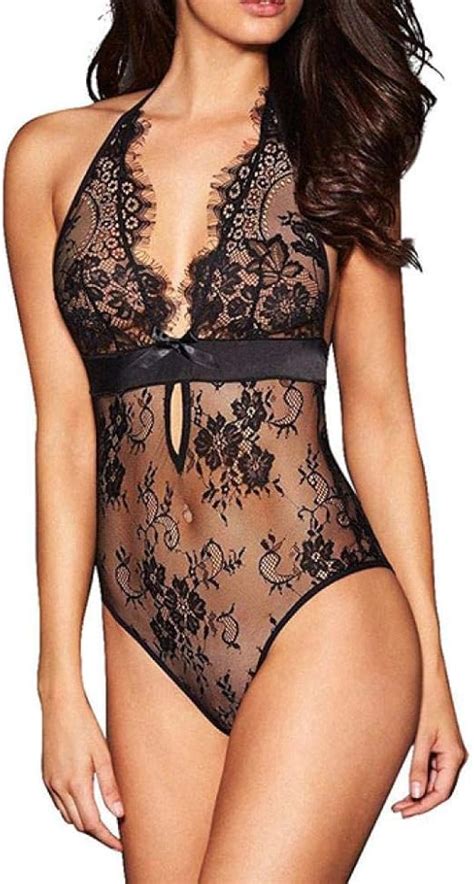 SEXLDZXL Sexy rückenfreie Spitze Wäsche Rüschen transparente Kleider der Frauen Tiefe V Bogen