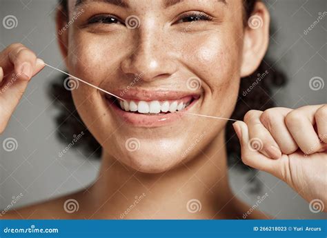Woman Portrait Dental Floss And Flossing Teeth With Smile For Oral