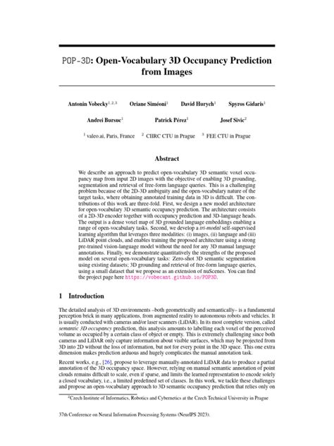 Neurips 2023 Pop 3d Open Vocabulary 3d Occupancy Prediction From Images Paper Conference Pdf
