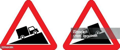 가파른 오르막과 가파른 내리막 경고 도로 표지판 세트 위험 언덕 주의 교통 표지판 언덕 위의 트럭을 보여주는 두 개의 표지판 가파른에 대한 스톡 벡터 아트 및 기타 이미지