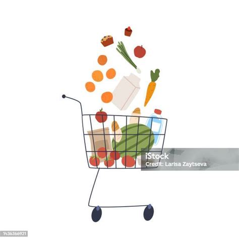 전체 식료품 바구니 슈퍼마켓에서 쇼핑 유기농 신선한 음식 건강한 식단을위한 다양한 제품의 벡터 일러스트레이션 하얀 배경에 떨어지는 음식이있는 고립 된 카트 가득 찬에 대한