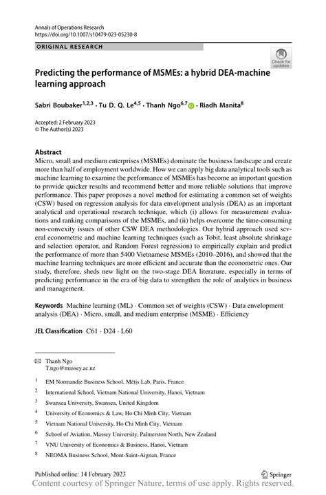 Pdf Predicting The Performance Of Msmes A Hybrid Dea Machine