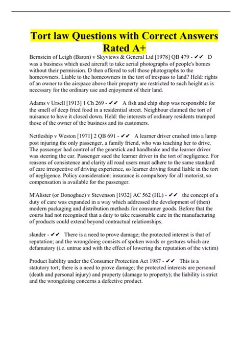 Tort Law Questions With Correct Answers Rated A Tort Law Stuvia Us
