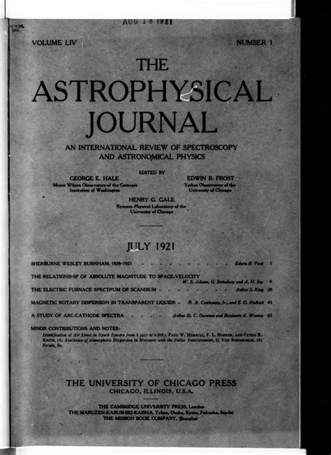 The Astrophysical Journal 1921 07 Vol 54 Iss 1 Free Download Borrow