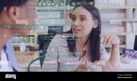Image Of Data Processing Over Diverse Couple Talking And Drinking