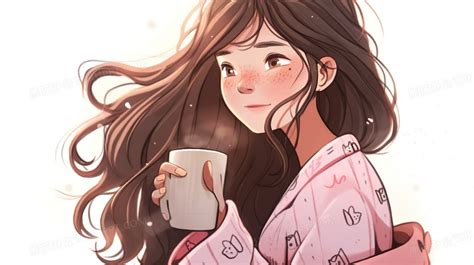 享用热咖啡的长发女孩插画图片素材下载 jpg格式 熊猫办公