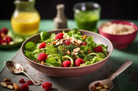 Raspberry And Pistachio Salad With Mixed Greens Premium Ai Generated