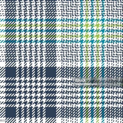 매끄러운 글렌 격자 무늬 패턴 재킷 스커트 바지 또는 기타 현대적인 봄 가을 또는 겨울 직물 디자인을위한 파란색 녹색 및 흰색의 트위드 체크 격자 무늬 추상적 인 배경 질감
