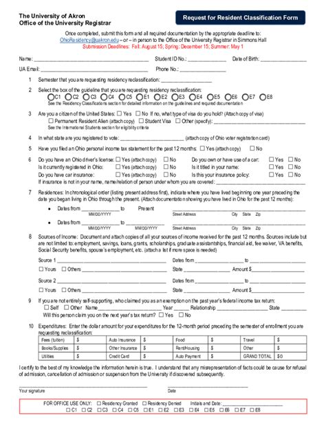 Fillable Online Resident Classification Request Form The University