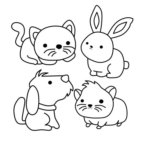 The Set Of Cute Animals Outlined Cats Dogs Guinea Pigs And Rabbits