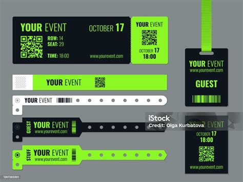 이벤트 액세스 제어 현실적인 손목 태그 모형 기업 입장 권 템플릿 축제 파티 패스 방문자 인증 참가자 배지 및 팔찌 공백 벡터 격리 세트 팔찌에 대한 스톡 벡터 아트 및