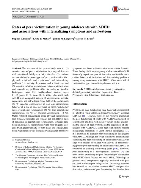 Rates Of Peer Victimization In Young Adolescents With Adhd And Associations With Internalizing