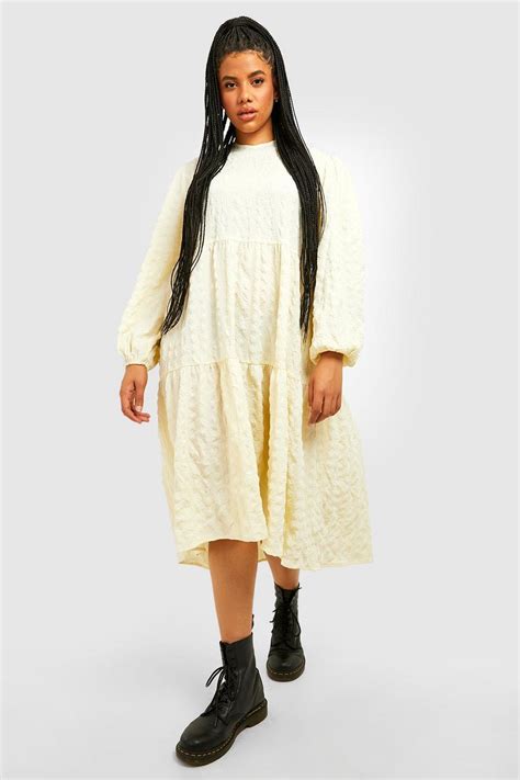 Plus Textured Long Sleeve Midi Smock Dress Boohoo Uk