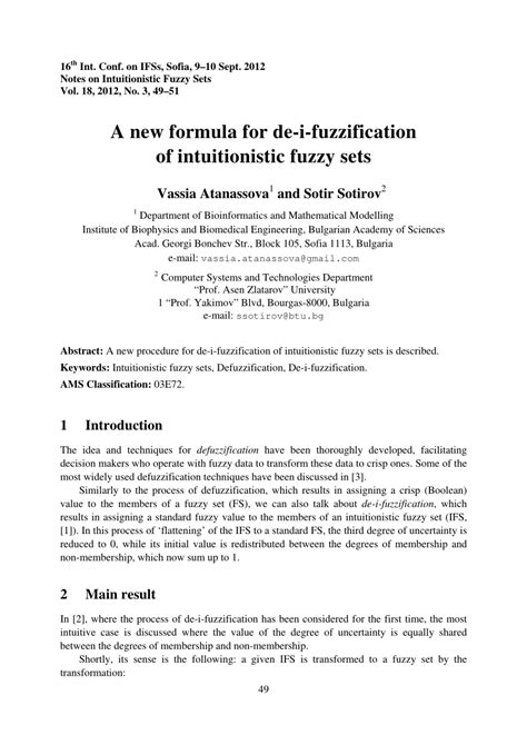 Pdf A New Formula For De I Fuzzification Of Intuitionistic Fuzzy Sets