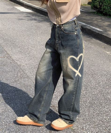 최저가일주일할인🔥 유니크포인트 하트 빈티지 워싱 와이드 데님 롱 팬츠 바지 청바지 Y2k 에이블리