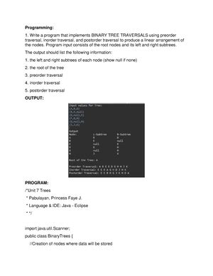 DSA Unit Dsa Unit Programming Write A Program That Implements BINARY TREE TRAVERSALS