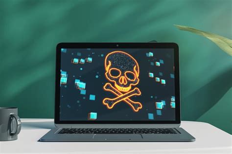 Premium Photo Close Up Of Laptop With Digital Binary Code Skull On Screen Chalkboard Wall With