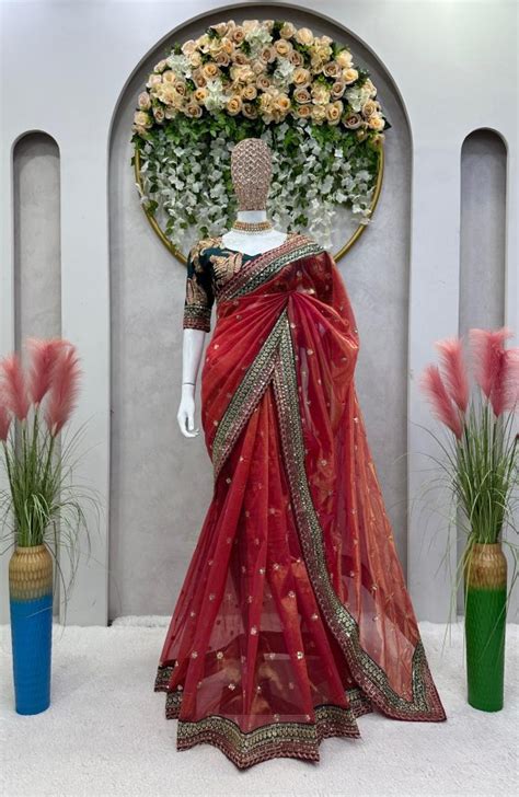 Aglow Red Color Jimmy Choo Thread And Sequence Work Saree