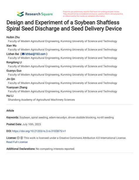 Pdf Design And Experiment Of A Soybean Shaftless Spiral Seed