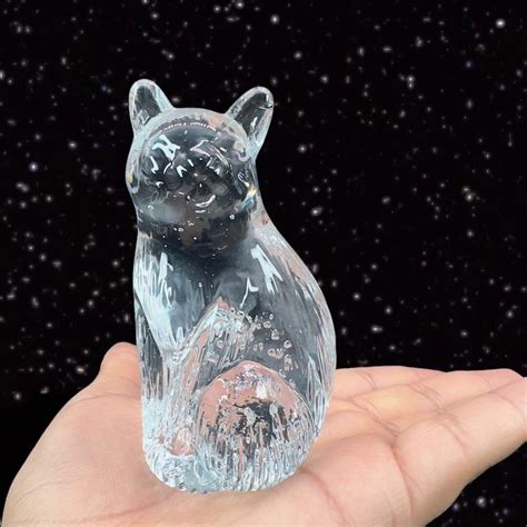 Vintage Glass Cat Kitty Clear Figurine Paperweight Textured Fur W Small
