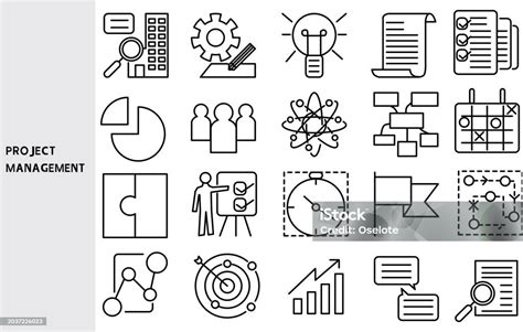 프로젝트 관리 프로젝트 관리 및 원자재 및 노동의 효율적인 할당 비즈니스 라인 아이콘 집합 개요 기호 모음 벡터 일러스트 레이 션 편집 가능한 획 아이콘에 대한 스톡 벡터