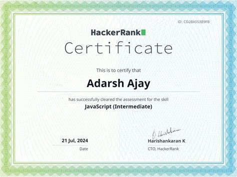 Hacker Rank Javascript Intermediate Certificate Adarsh Ajay