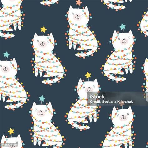 크리스마스 트리 화환을 입은 귀여운 고양이와 크리스마스 매끄러운 패턴 간단한 유치한 손으로 그린 만화 스칸디나비아 스타일의 벡터 낙서 일러스트레이션 인쇄에 이상적인 제한된