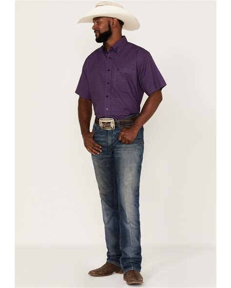 Cinch Mens Arena Flex Purple Geo Print Short Sleeve Button Down