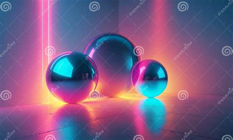Three Spherical Objects Illuminated By Pink And Blue Lights Are Arranged In Triangular