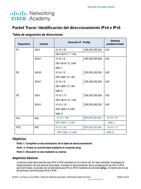13 2 6 Packet Tracer Verify Ipv4 And Ipv6 Addressing Es Xl Eduardo Gonzalez Pdf Yo Pv6