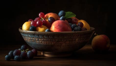 Tazón de frutas frescas en la mesa de madera bocadillo saludable