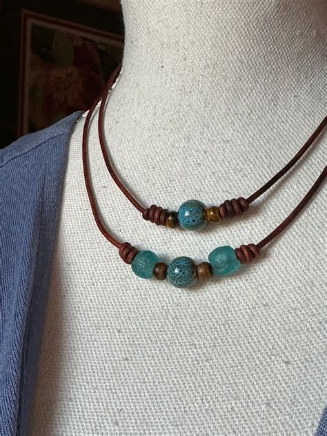 Green Beaded Choker Boho Hippie Leather Choker And Earrings Necklace