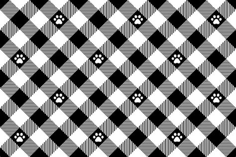 개 발 원활한 패턴 발자국 고양이 타탄 격자 무늬 확인 프랑스어 불독 벡터 만화 반복 벽지 타일 배경 낙서 스카프 선물 포장지