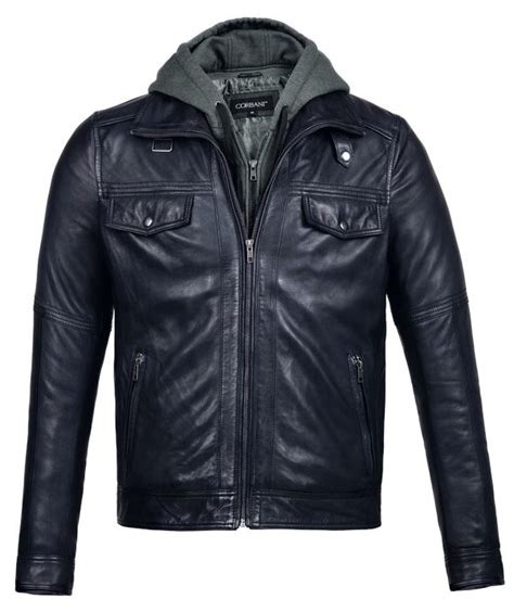 Mens Leather Jacket With Hood Vintage Black Bomber Genuine Leather