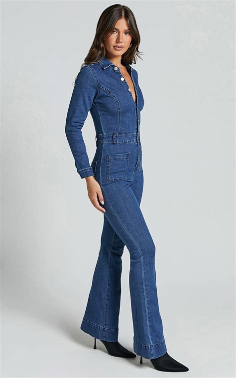 Vivi Jumpsuit Button Front Wide Leg Denim Jumpsuit In Indigo Wash
