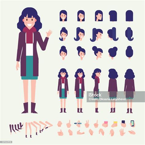 따뜻한 옷 만들기와 다양 한 플레이 헤어스타일 얼굴 감정 포즈 제스처 설정에서 젊은 검은 머리 여자 등장인물에 대한 스톡 벡터