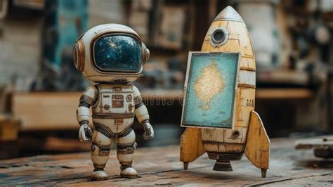 Retro Futuristic Robot Holding Map Next To A Vintage Rocket Stock Illustration Illustration Of