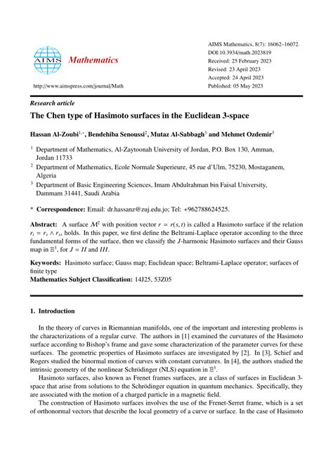 Pdf The Chen Type Of Hasimoto Surfaces In The Euclidean 3 Space