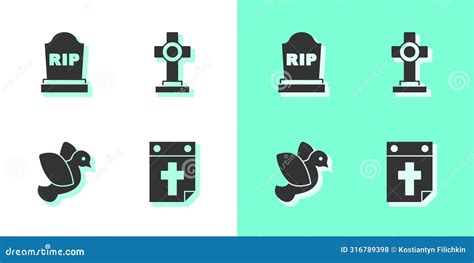 Set Calendar Death Tombstone With Rip Written Dove And Grave Cross Icon Vector Stock Vector