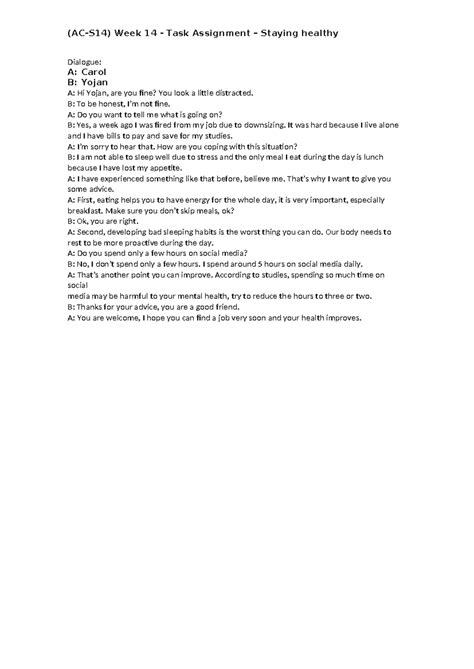 AC S14 Week 14 Task Assignment Staying Healthy AC S14 Week 14 Task Assignment