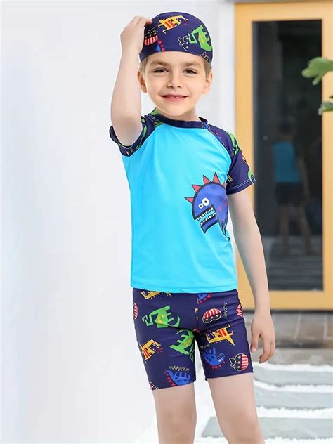 Lindo Traje De Baño De Dinosaurio Para Niños Bañadores Tops Y Gorra