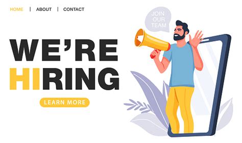 우리는 개념을 고용하고 있습니다 모집 대행사 우리 팀 단어에 가입메가폰으로 외치는 남자 큰 스마트 폰 화면 개념에 대한 스톡 벡터 아트 및 기타 이미지 Istock