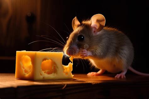 A Rodent With Ears A Domestic Pest A Gray Mouse Eats Cheese Stock