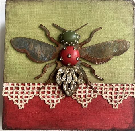 Ooak Handmade Unique Mixed Media Rusty Bee With Vintage Jewelry Wall