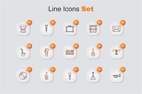 세트 라인 트럼펫 발랄라이카 마이크 일렉트릭 베이스 기타 비닐 디스크 봉고 드럼 기타 및 음악 신디사이저 아이콘 벡터 고전 양식에 대한 스톡 벡터 아트 및 기타 이미지