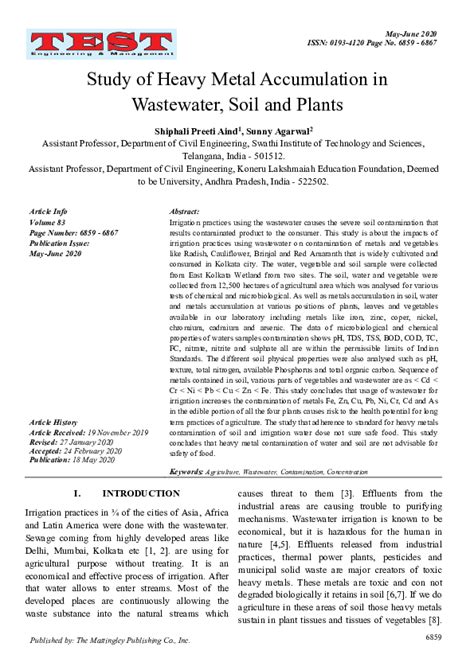 Pdf Study Of Heavy Metal Accumulation In Wastewater Soil And Plants