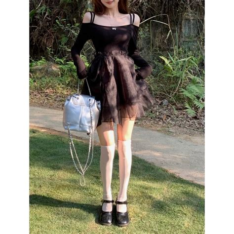 러블리 끈 오프 숄더 스리브리스 포인트 시스루 치마 원피스 에이블리